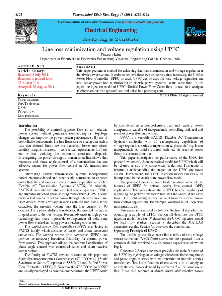Line Loss Minimization And Voltage Regulation Using Upfc Pdf