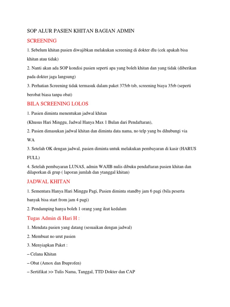 Sop Alur Pasien Khitan Bagian Admin | PDF