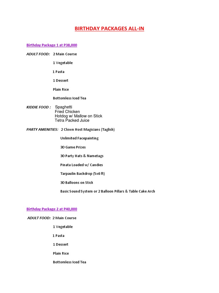 Comprehensive Birthday Party Package Options with Varied Amenities and ...