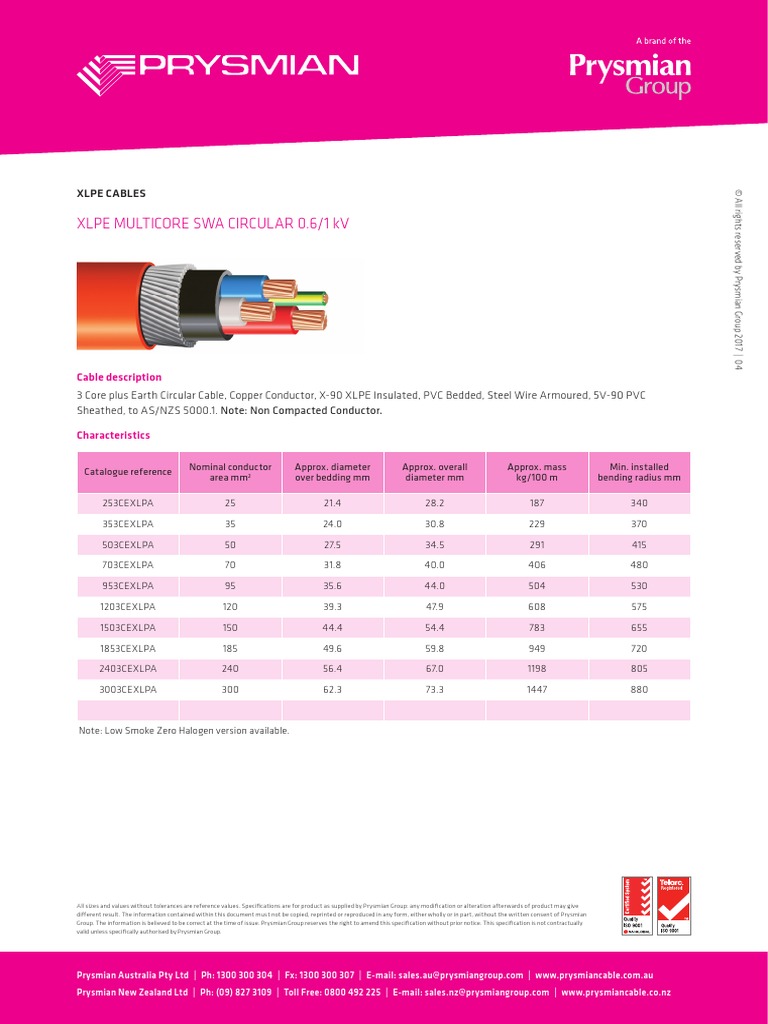 Prysmian XLPE Multicore 3CORE SWA Circular 0-6/1kV | PDF | Electrical ...