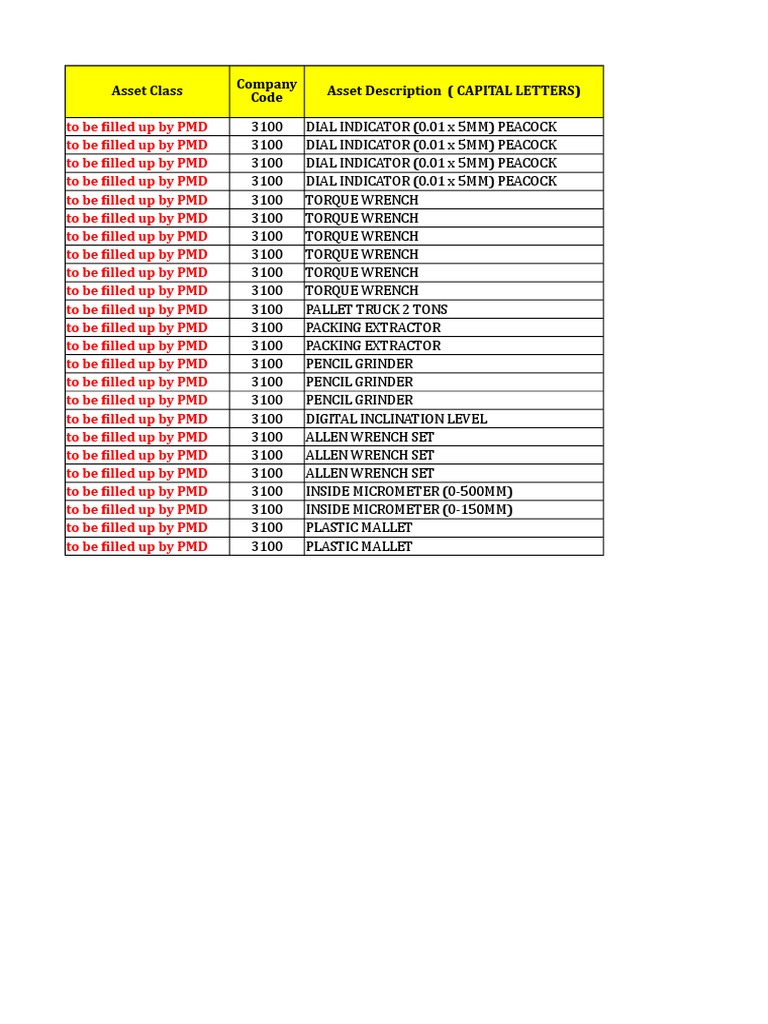 Asset Master Data Template - JMMWong | Download Free PDF | Tools