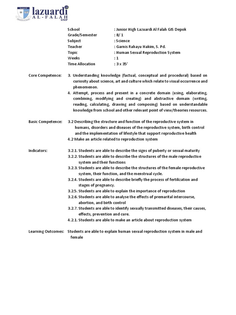 Lesson Plan Human Reproductive System | PDF | Reproductive System ...