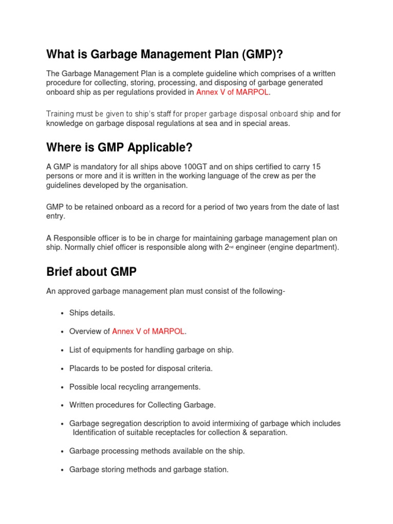 Ship Garbage Management Plan Guide | PDF | Technology & Engineering