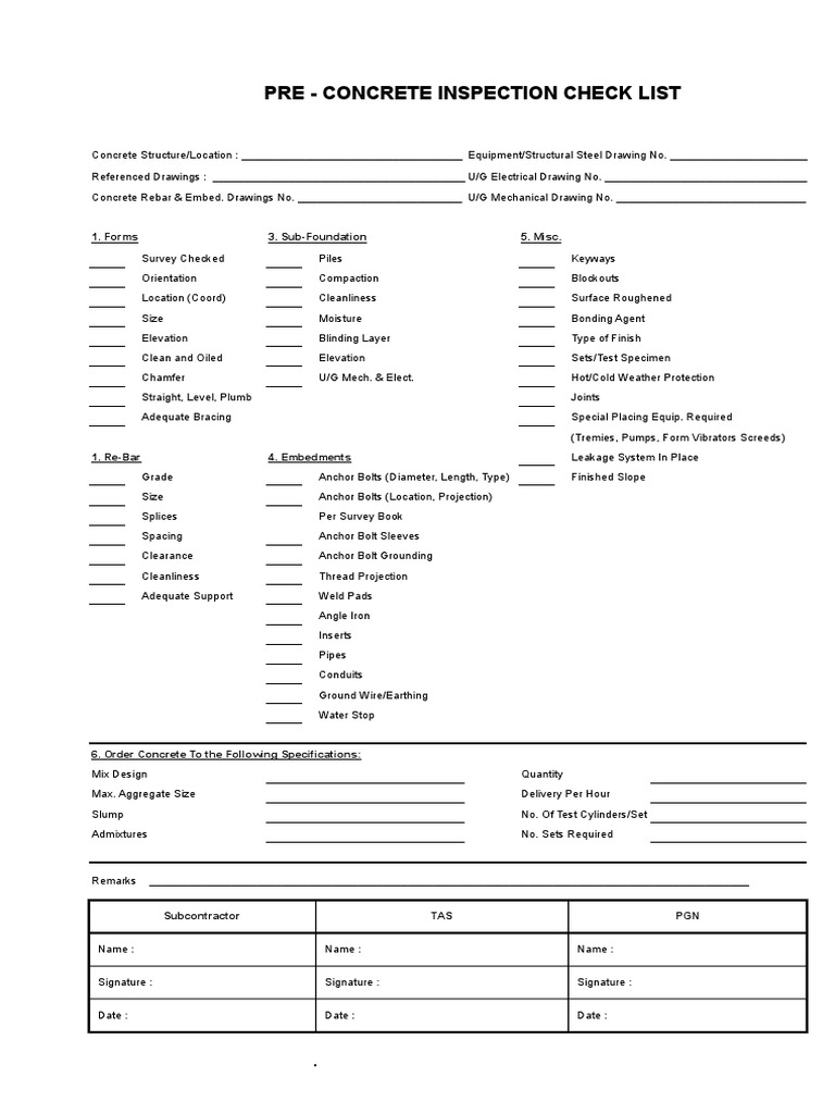 Pre-Concrete Inspection Checklist | PDF | Concrete | Pipe (Fluid ...