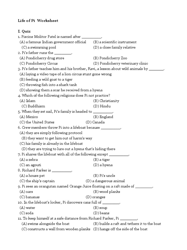 Life of Pi Worksheet I. Quiz | PDF