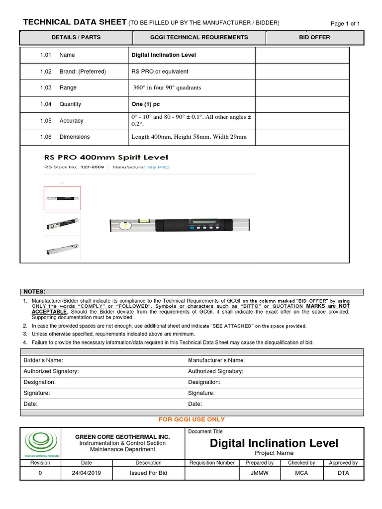 Technical Data Sheet: Digital Inclination Level | PDF | Business ...