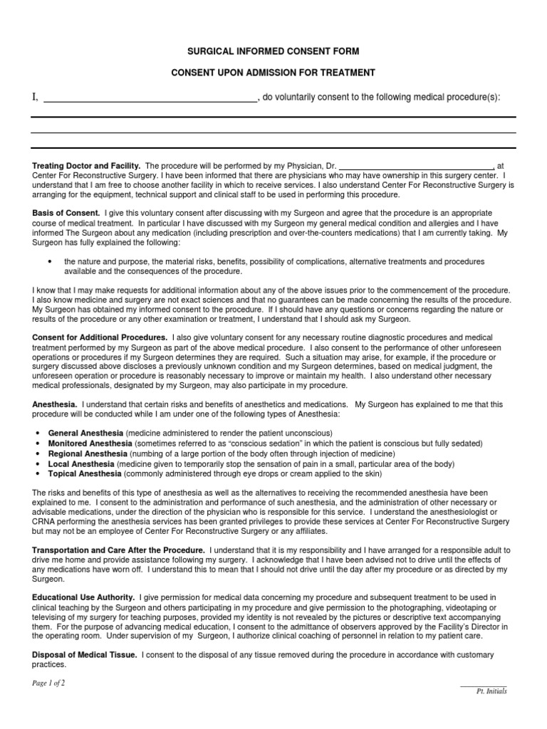 Surgical Informed Consent Form | Download Free PDF | Anesthesia ...