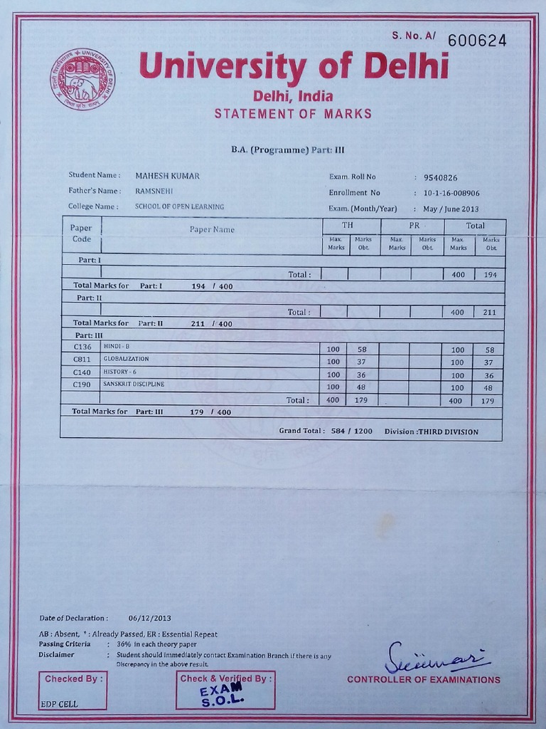 Mahesh Kumar BA Marksheet | PDF