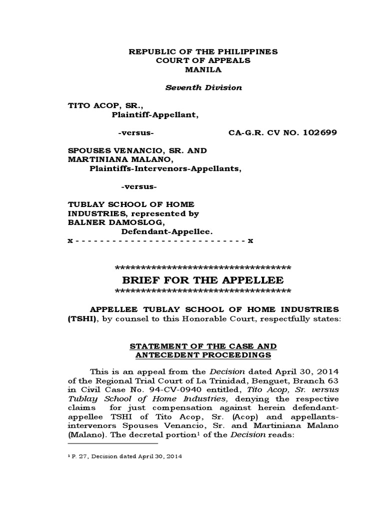 Appellee Brief: Tublay School Case | PDF | Injunction | Lawsuit