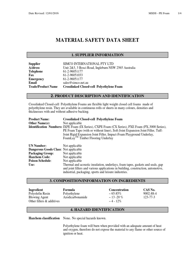 MSDS PE Foam PDF | PDF | Combustion | Chlorofluorocarbon