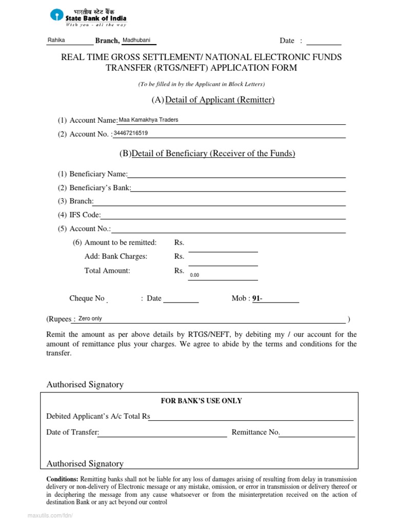 SBI NEFT RTGS Form PDF | PDF