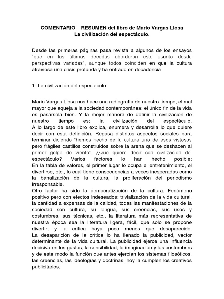 Mario Vargas Llosa - La Civilización Del Espectaculo | PDF | Erotismo ...