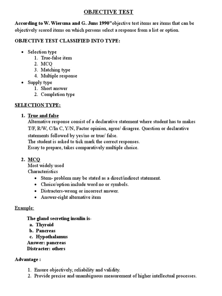 Objective Tests | PDF | Multiple Choice | Neuropsychology