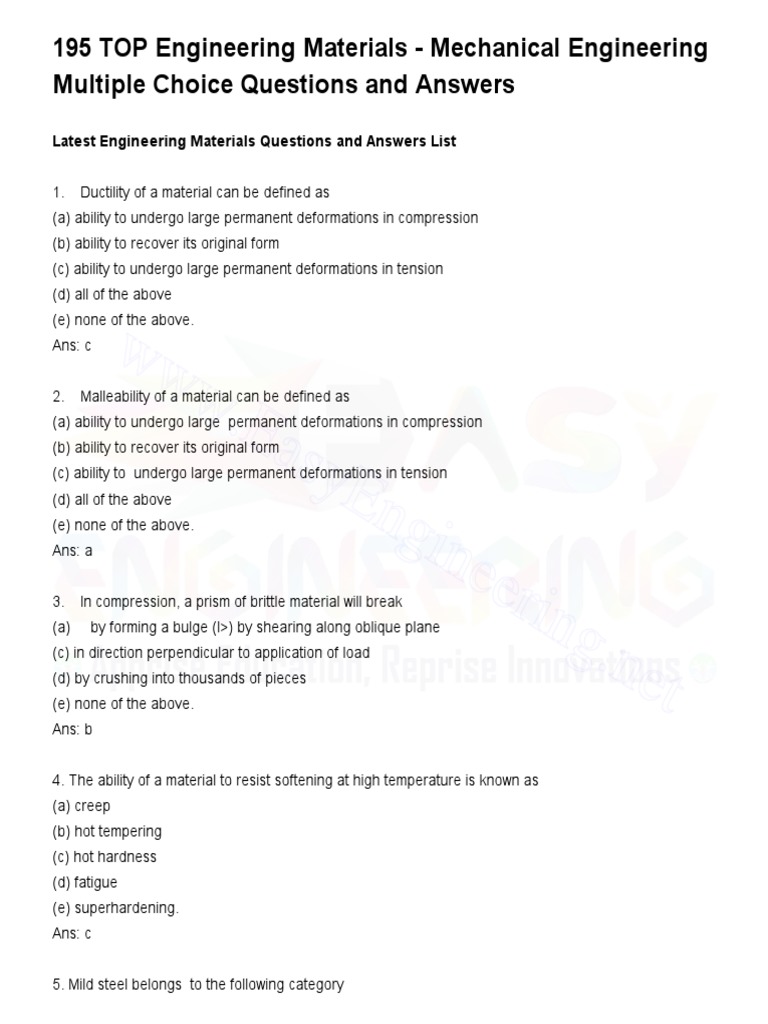 MCQs on Engineering Materials | PDF | Cast Iron | Steel