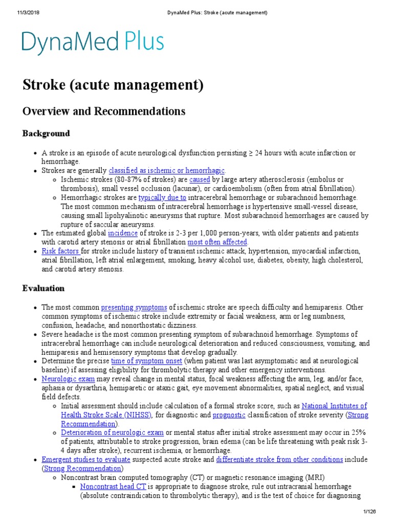 DynaMed Plus - Stroke (Acute Management) | PDF | Stroke | Ischemia