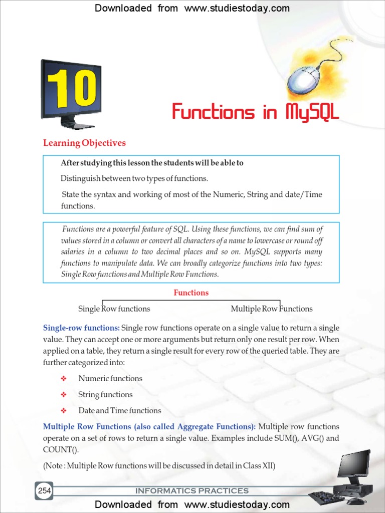 Cbse Class 11 Informatics Practices Functions In Mysql Pdf String Computer Science Decimal
