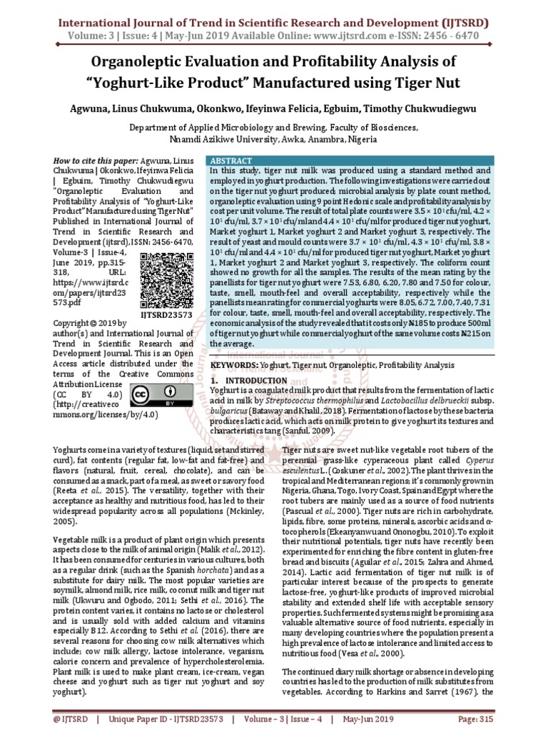 Organoleptic Evaluation and Profitability Analysis of "Yoghurt Like Product" Manufactured Using ...