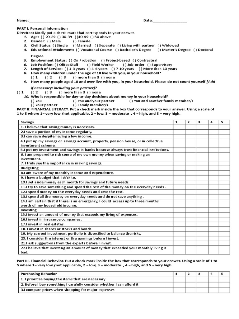 Draft 2 Financial Literacy Survey Questionnaire New | PDF | Saving ...