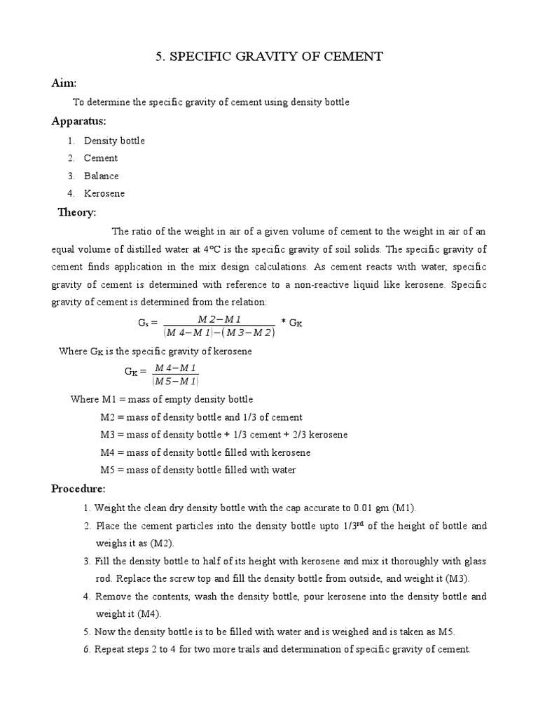 Specific Gravity of Cement | PDF | Density | Physical Quantities