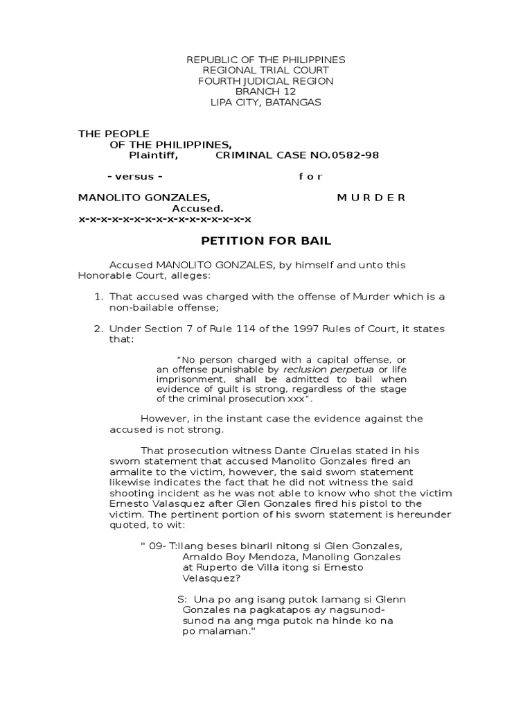 Petition For Bail - nonbailableOFFENSE-MANOLITO GONZALEZ | PDF | Bail ...