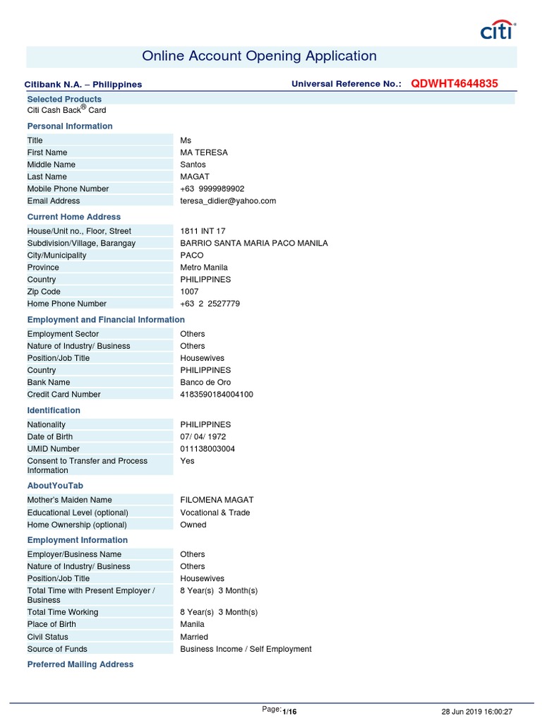 Online Account Opening Application: QDWHT4644835 | PDF | Credit Card ...