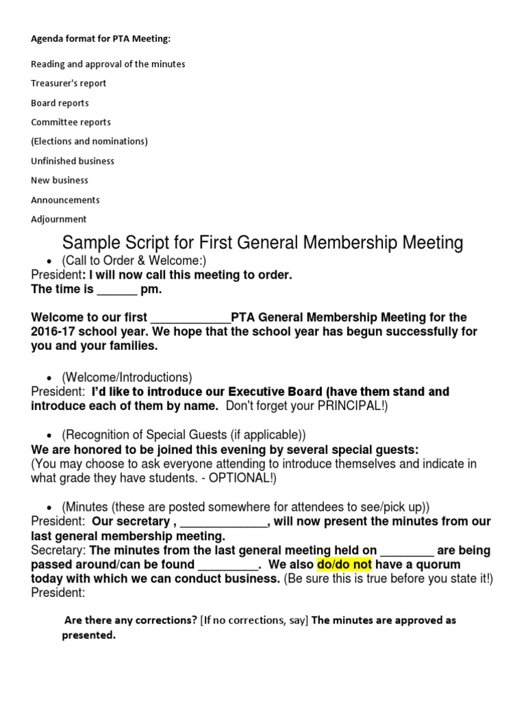 Pta Meeting Script | PDF | Government