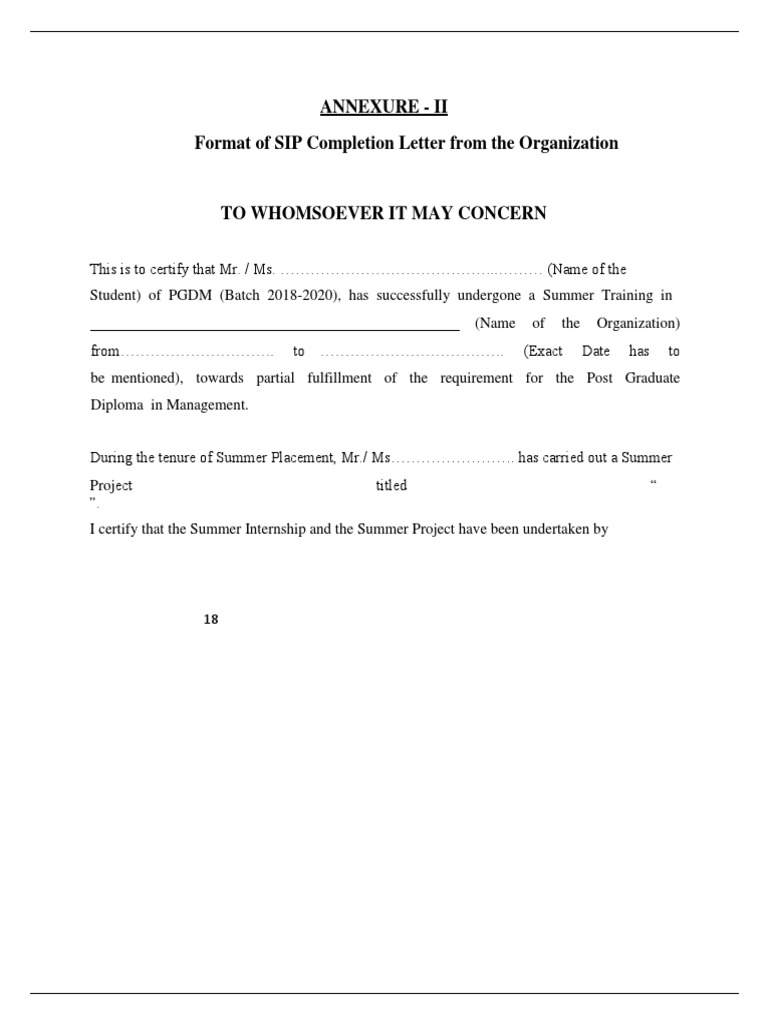 Annexure - Ii Format of SIP Completion Letter From The Organization ...