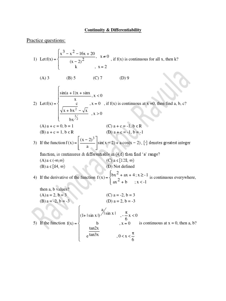 Practice Questions:: Continuity & Differentiability | PDF | Maxima And Minima | Mathematical Logic