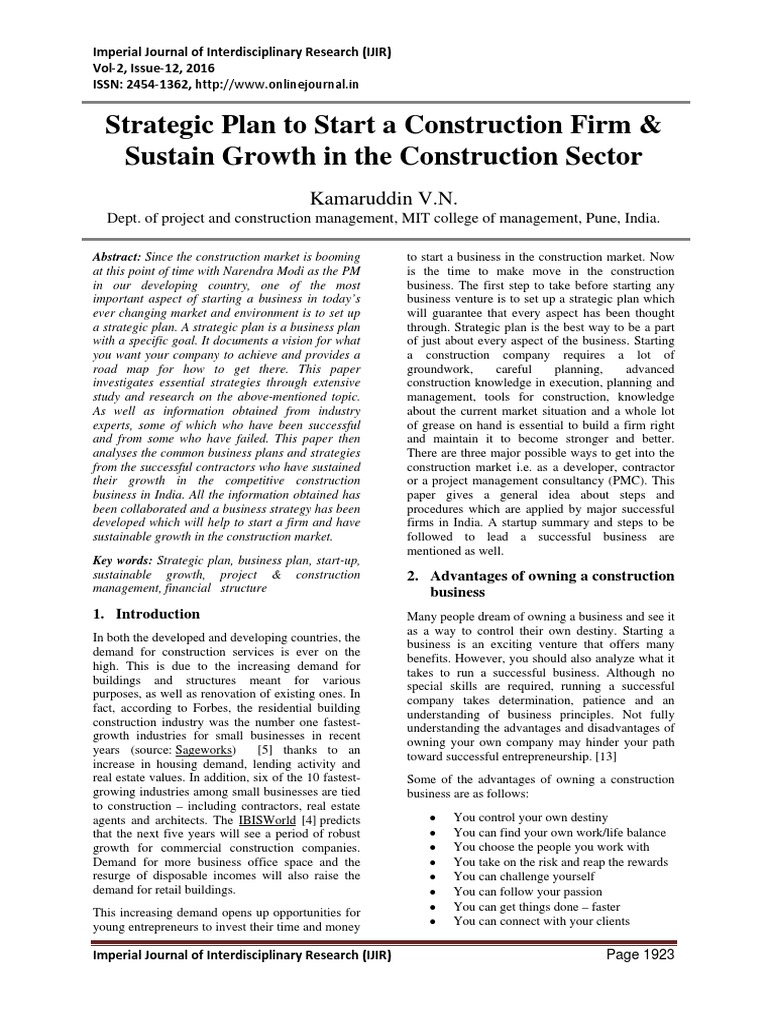 Strategic Plan To Start A Construction Firm & Sustain Growth in The ...