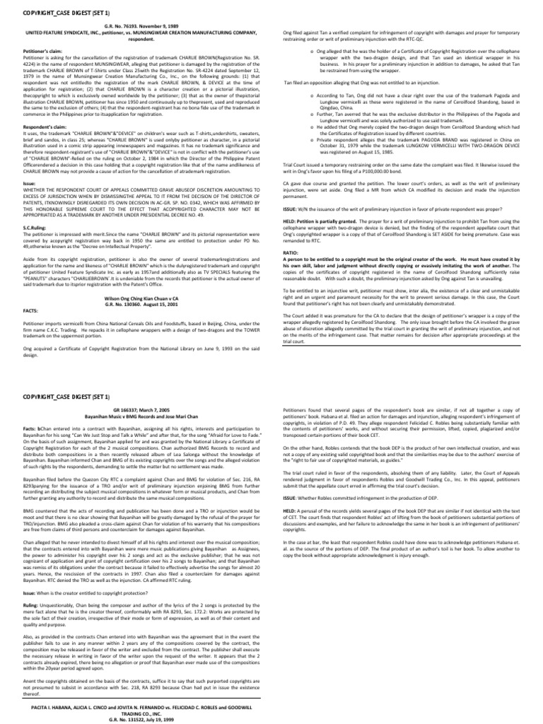 Copyright Case-Digest Set-1 | PDF | Trademark | Injunction