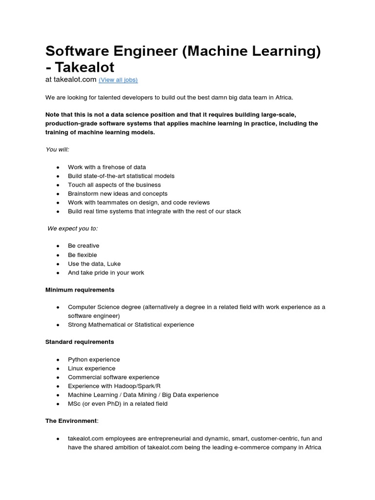 Software Engineer (Machine Learning) - Takealot | PDF | Machine Learning | Software