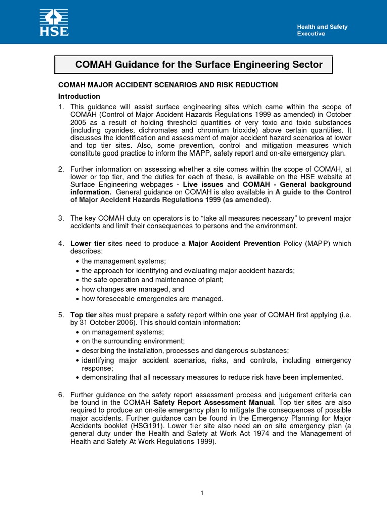 COMAH Guidance For The Surface Engineering Sector: Comah Major Accident ...