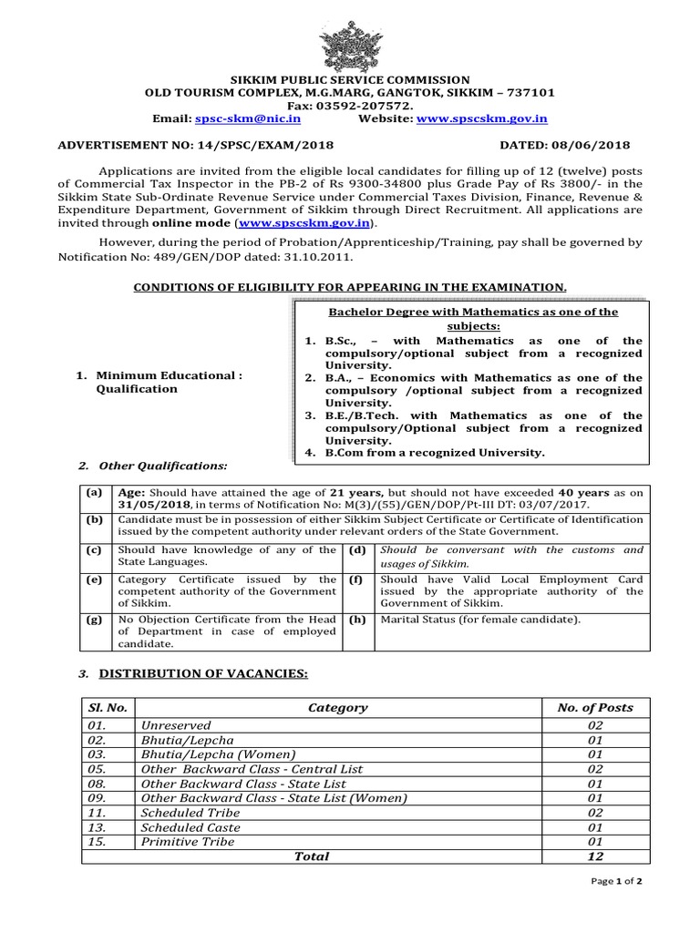 Sikkim Commercial Tax Inspector Recruitment | PDF | Bachelor's Degree ...