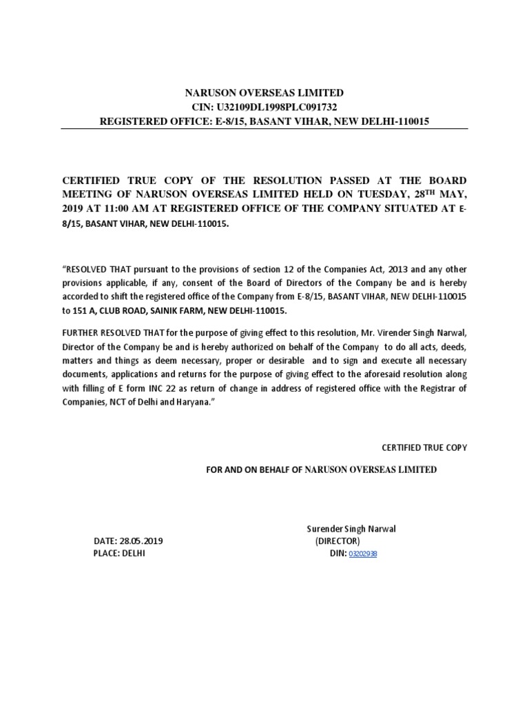 Resolution to Change Registered Office | PDF