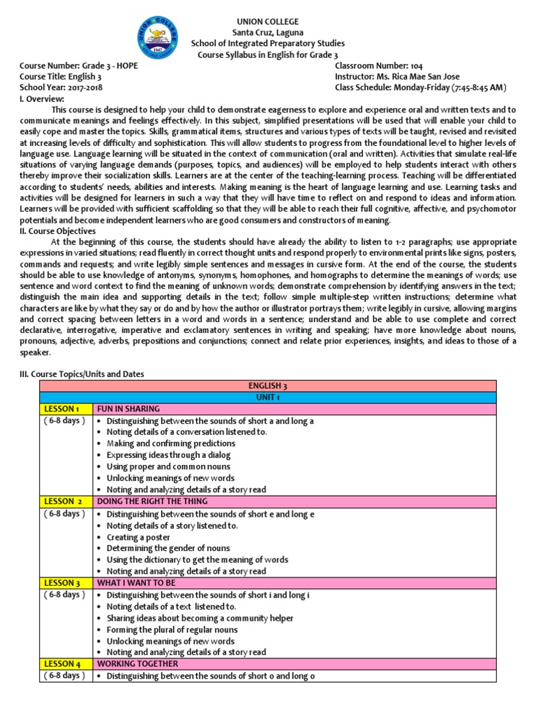 Syllabus English - Grade 3 Rica | PDF | Word | Learning