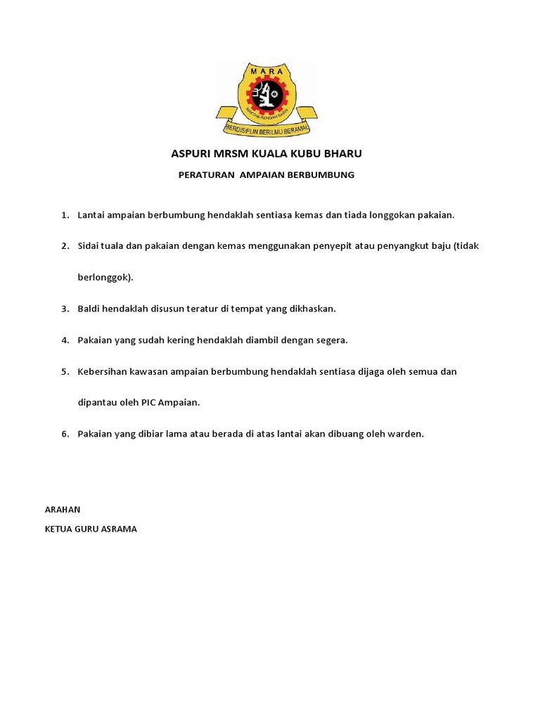 ASPURI MRSM KUALA KUBU BHARU Peraturan Ampaian Berbumbung | PDF