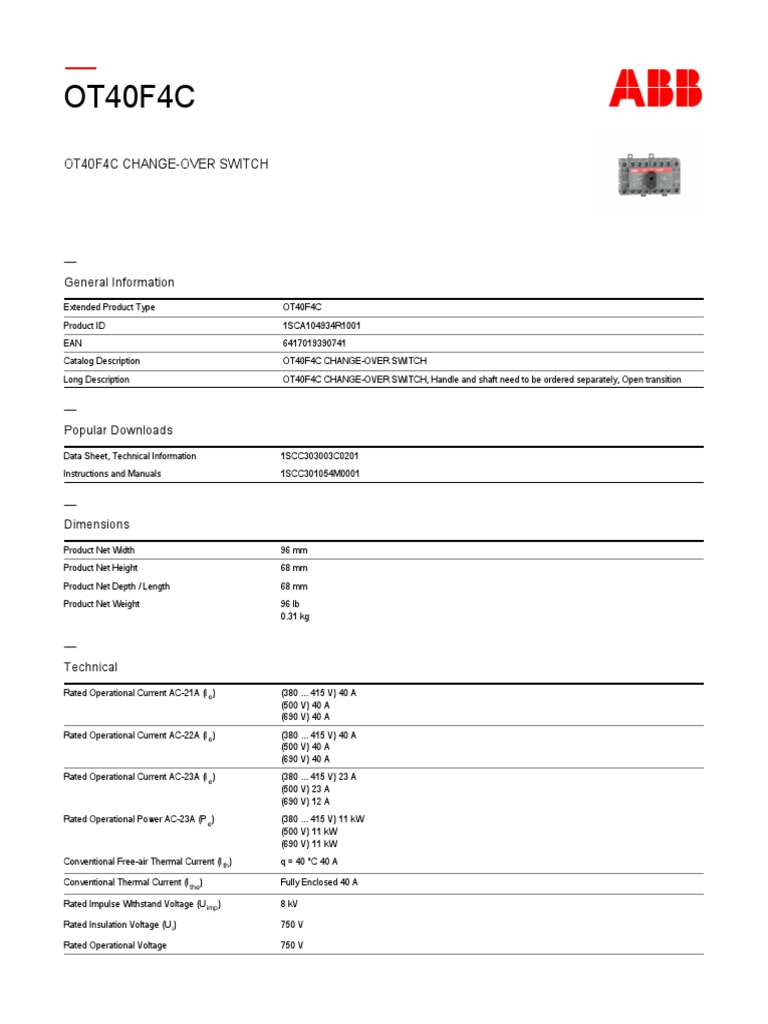 1SCA104934R1001 Ot40f4c Change Over Switch | PDF | Switch | Electrical ...