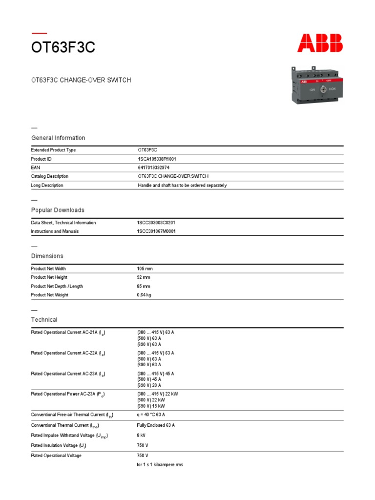 1SCA105338R1001 Ot63f3c Change Over Switch | PDF | Switch | Electrical ...