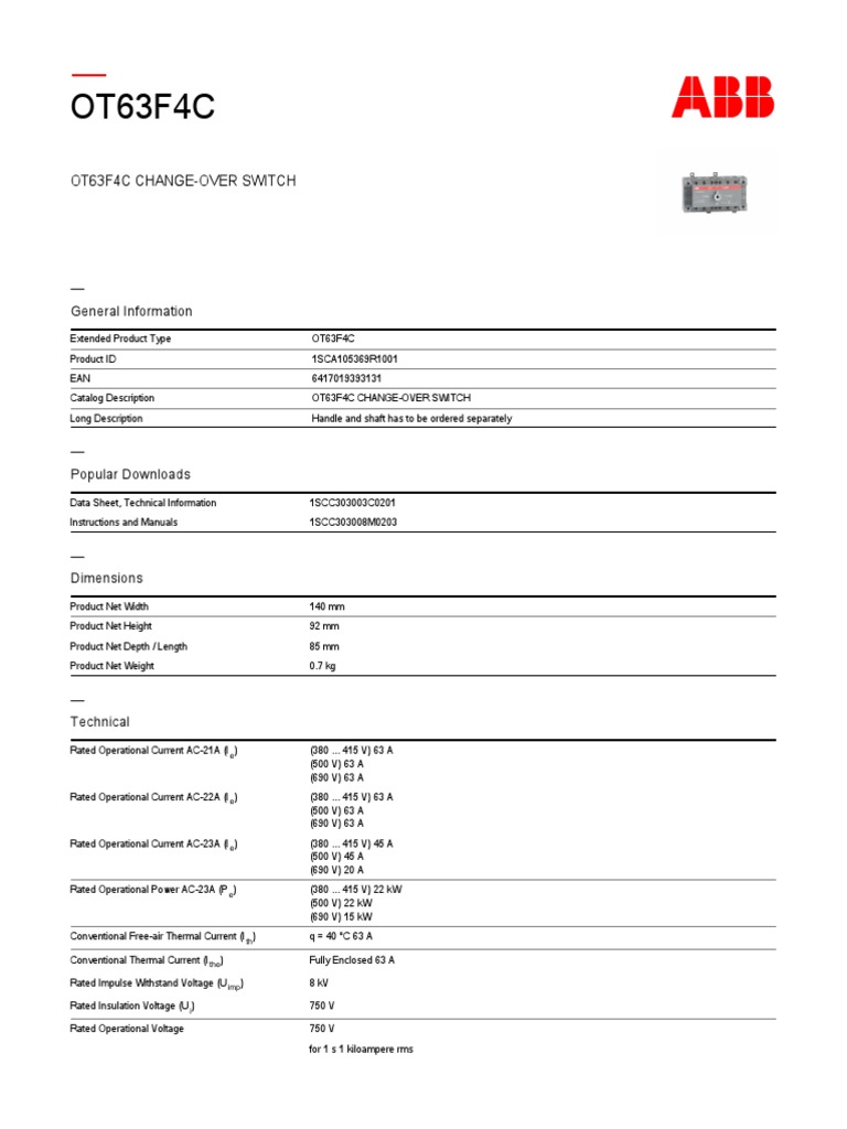 1SCA105369R1001 Ot63f4c Change Over Switch | PDF | Switch | Equipment