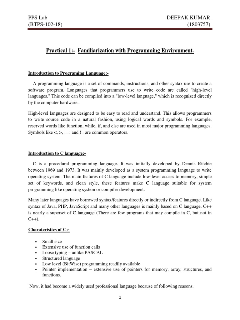 Practical 1:-Familiarization With Programming Environment | PDF | C (Programming Language ...