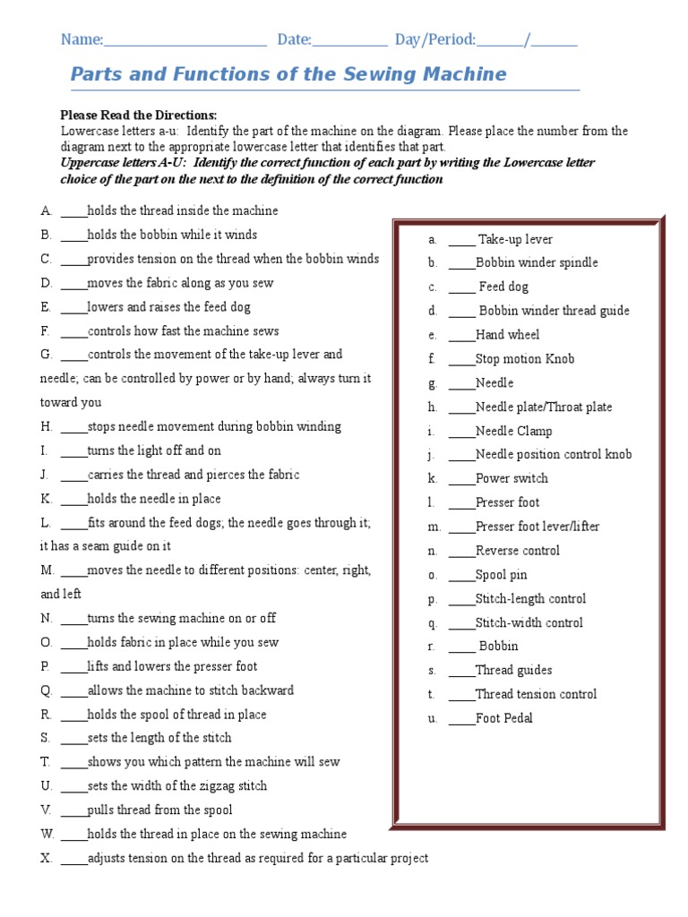 Sewing Machine Parts and Functions Guide | PDF | Sewing Machine | Sewing