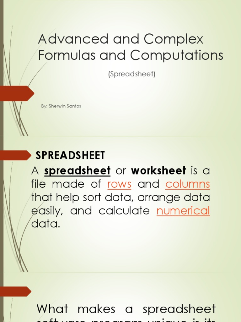 Advanced and Complex Formulas and Computations: (Spreadsheet) | PDF
