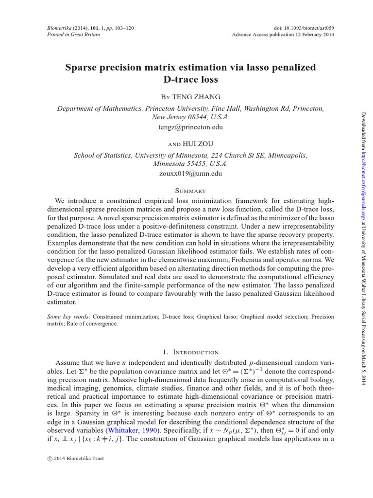 Sparse Precision Matrix Estimation Via Lasso Penalized D-Trace Loss | PDF | Matrix (Mathematics ...