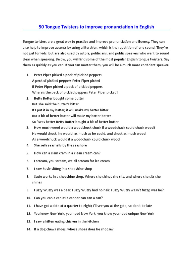 50 Tongue Twisters To Improve Pronunciation in English | PDF