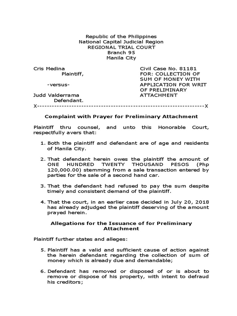 Complaint With Prayer of Attachment PDF | Download Free PDF | Affidavit ...