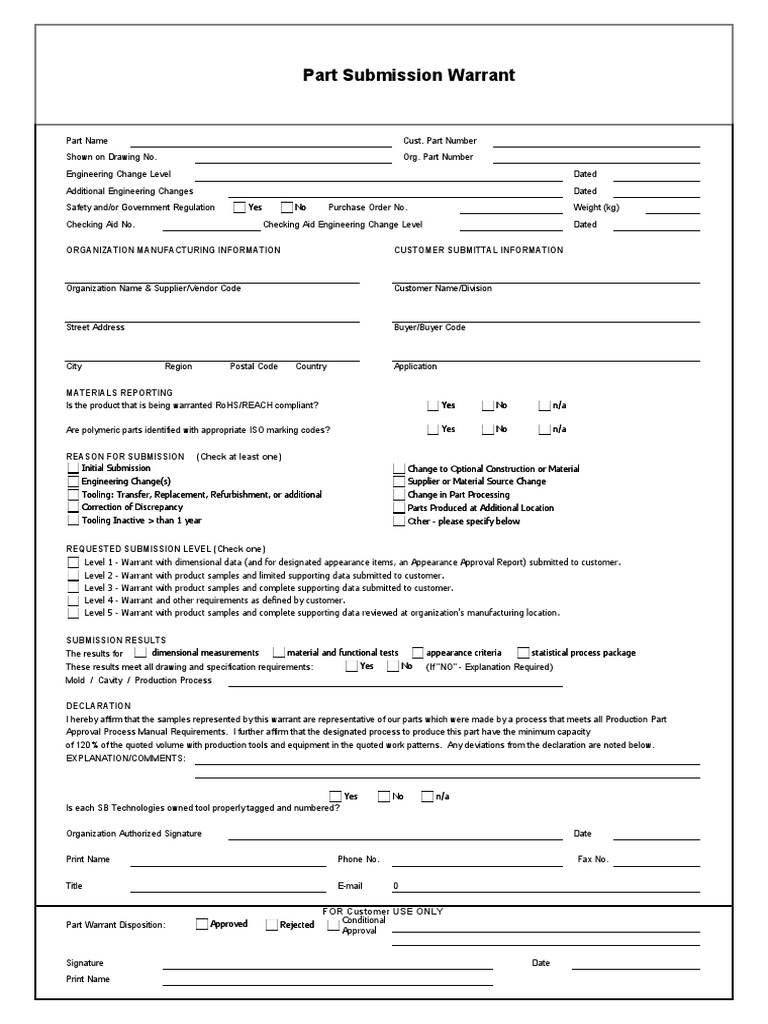 Part Submission Warrant | PDF | Specification (Technical Standard ...
