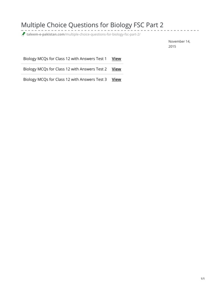 Multiple Choice Questions For Biology FSC Part 2 | PDF