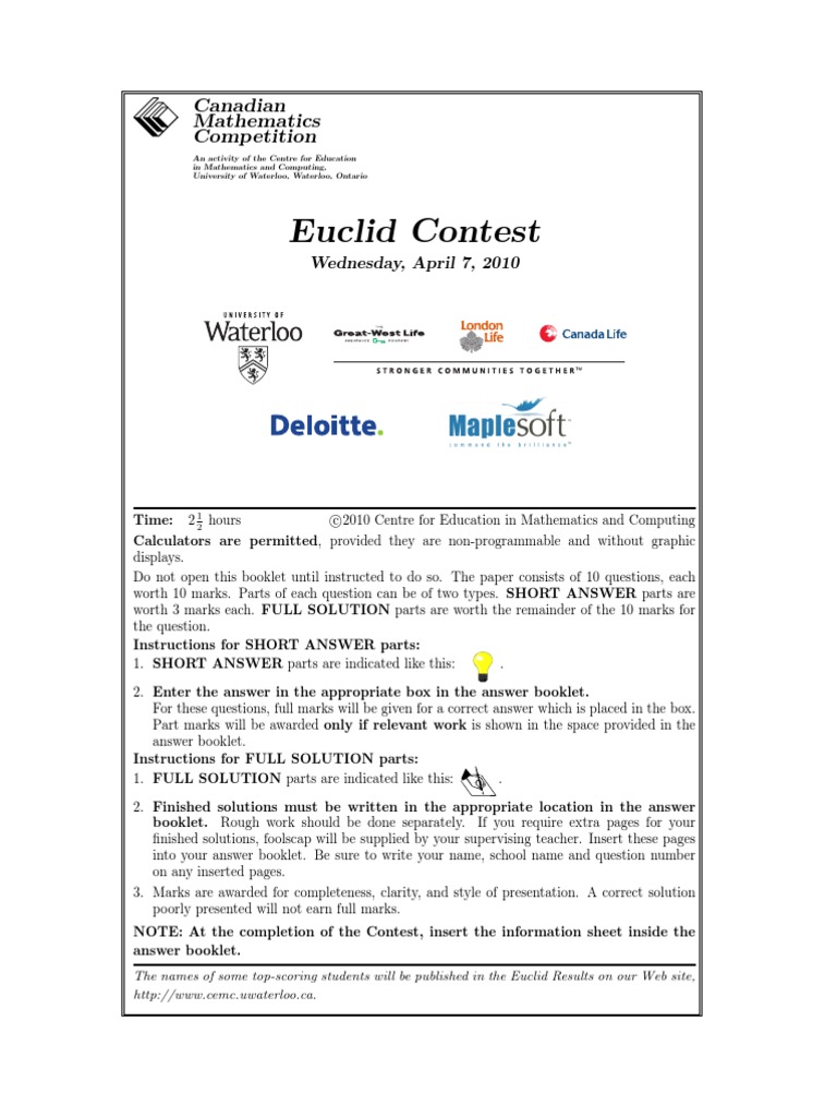 Euclid Contest: Canadian Mathematics Competition | PDF | Sine | Triangle