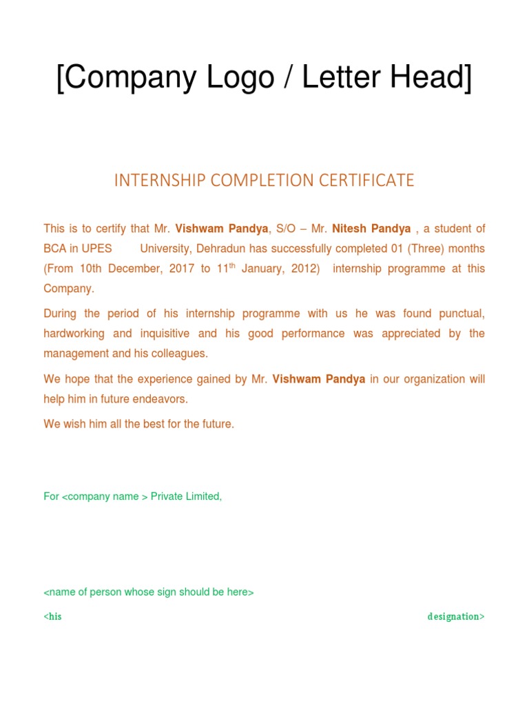 (Company Logo / Letter Head) : Internship Completion Certificate | PDF