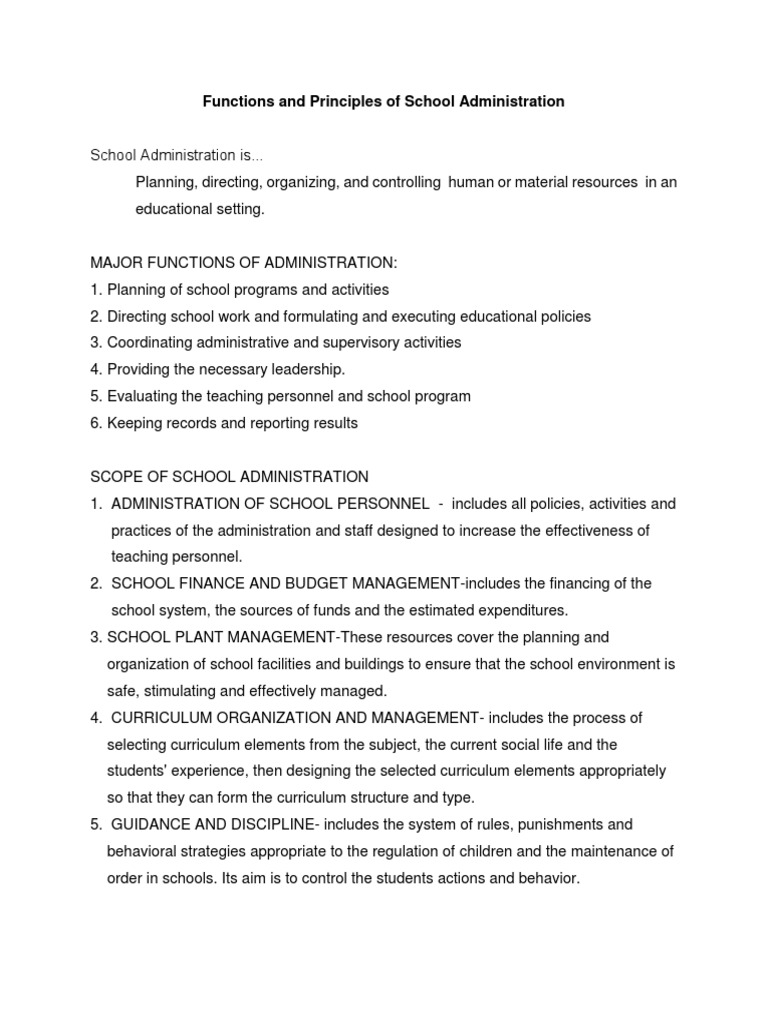 Functions and Principles of School Administration | PDF | Teachers ...
